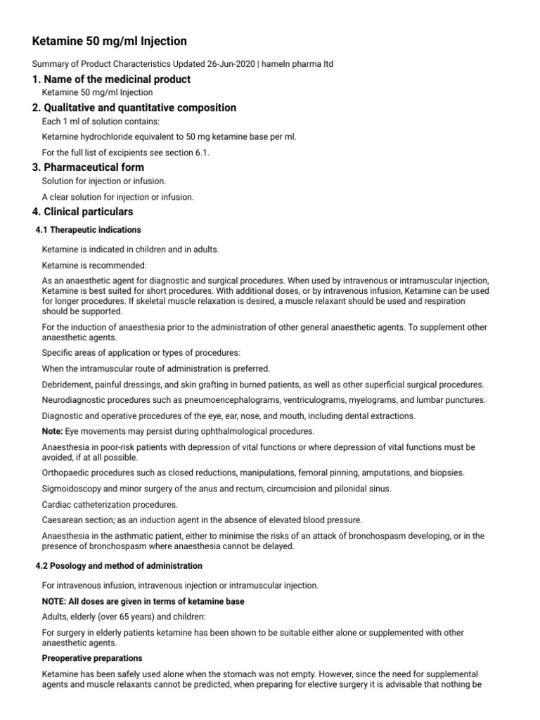 Ketamine 50 MG - ML Injection - Summary of Product Characteristics ...