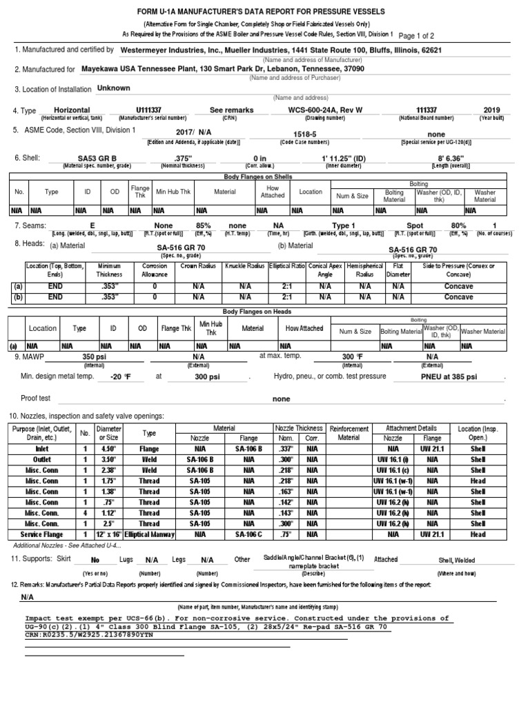 Body Flanges On Shells: (Name and Address of Manufacturer) | PDF ...