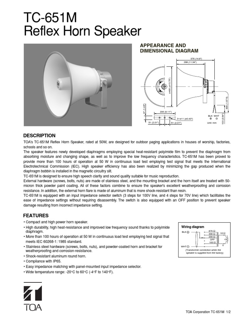 TC-651M Reflex Horn Speaker: Description | PDF | Loudspeaker | Screw