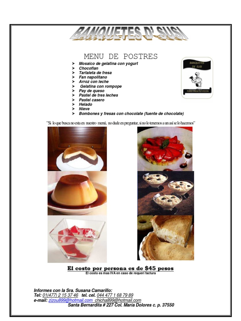 Menú de Postres de Pastelería Susana | PDF
