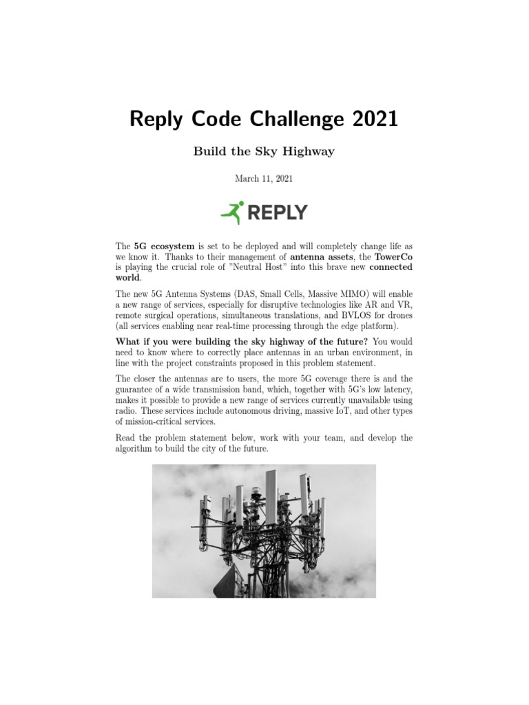 Reply Code Challenge 2021: Build The Sky Highway | PDF | Telecommunications | Computer Engineering