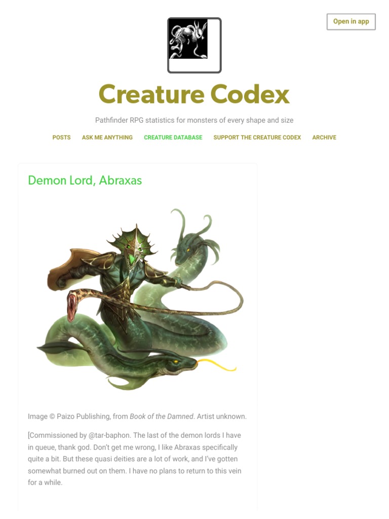 Creature Codex - Demon Lord, Abraxas | PDF | Religion And Belief