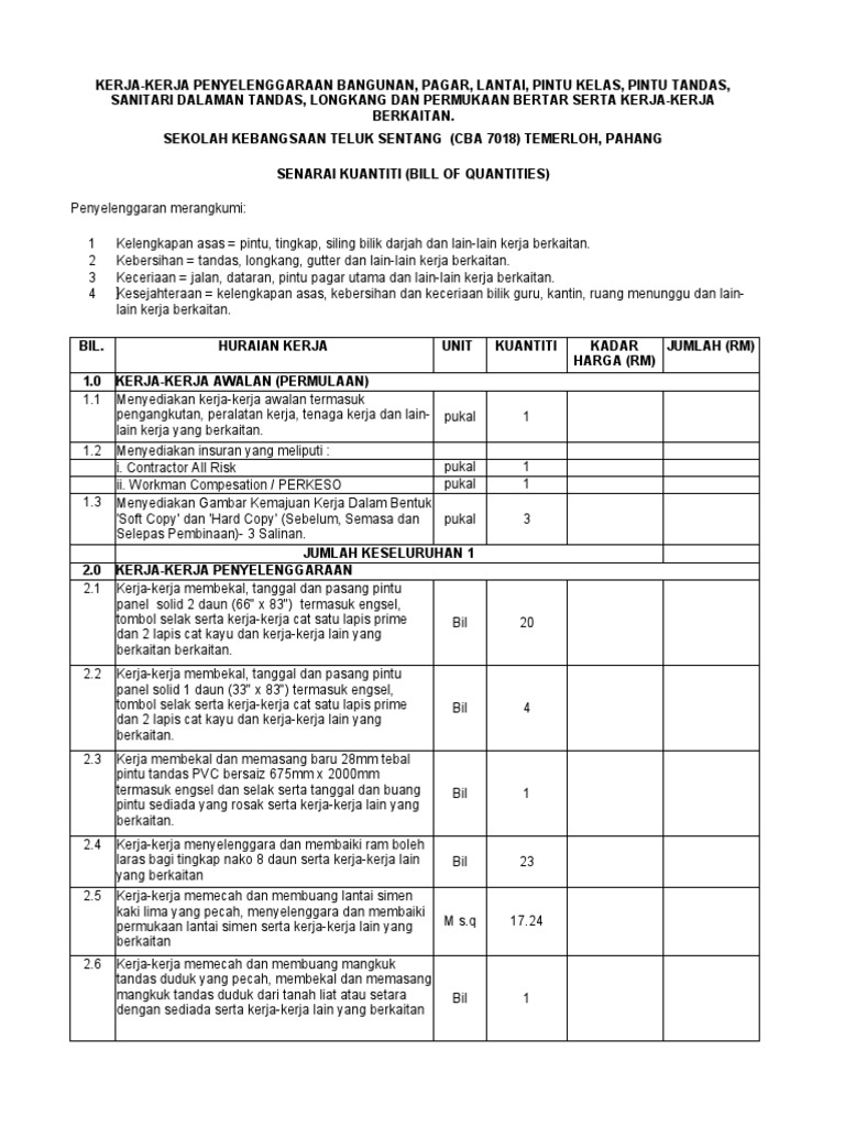 BQ Sebutharga Banjir SK Teluk Sentang | PDF