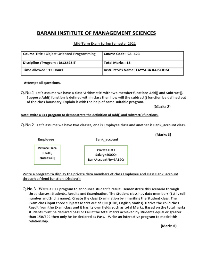 Object Oriented Programming Mid Term Exam C Programs Demonstrating Classes Objects 2438