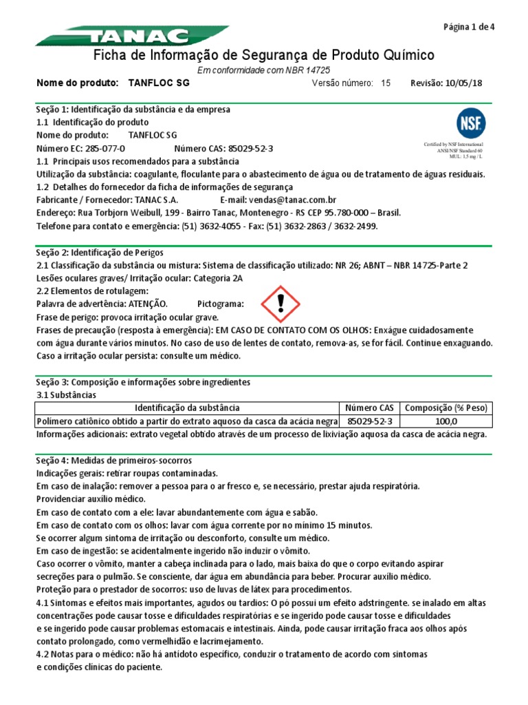 SDS Tanfloc SG Líq PT | PDF | Combustão | Embalagem e rotulagem