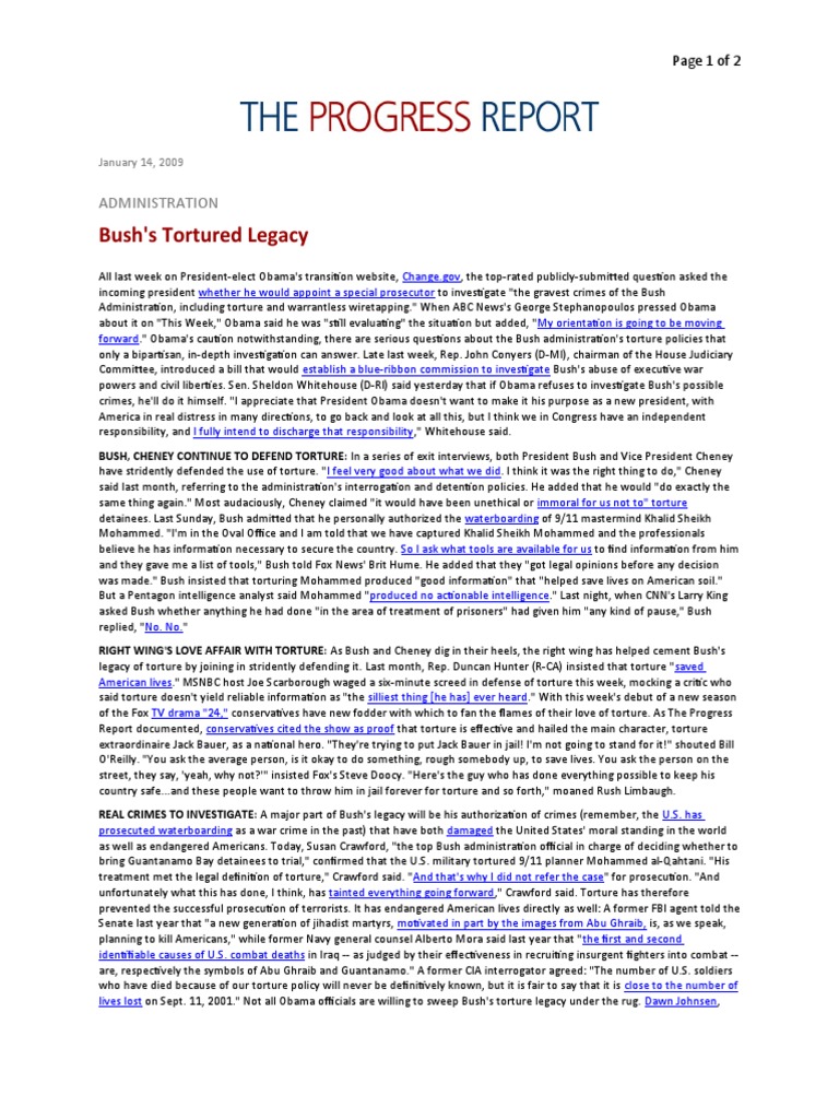 01 14 09 Progress Report Bush's Tortured Legacy | PDF | Torture ...