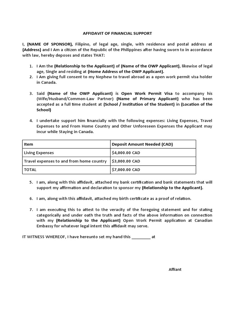 Sample Affidavit of Financial Support - For OWP Applicant | PDF
