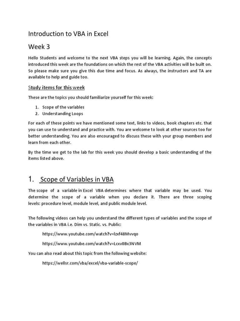 VBA - Week 3 Guide | PDF | Control Flow | Scope (Computer Science)