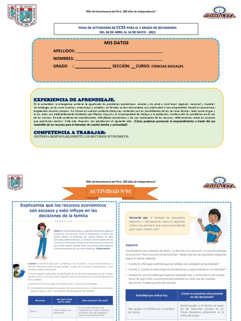 Ficha de Actividades de CCSS para 1 Grado | PDF