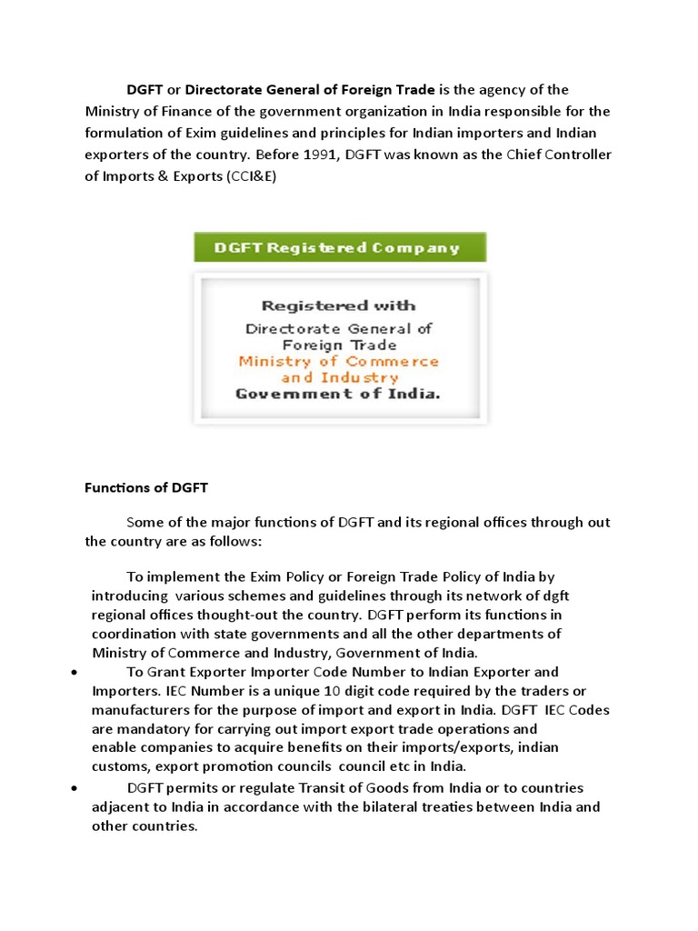 DGFT or Directorate General of Foreign Trade Is The Agency of The | PDF ...