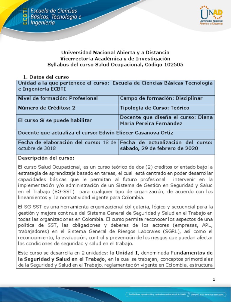Syllabus de Curso Salud Ocupacional | Descargar gratis PDF | Seguridad ...