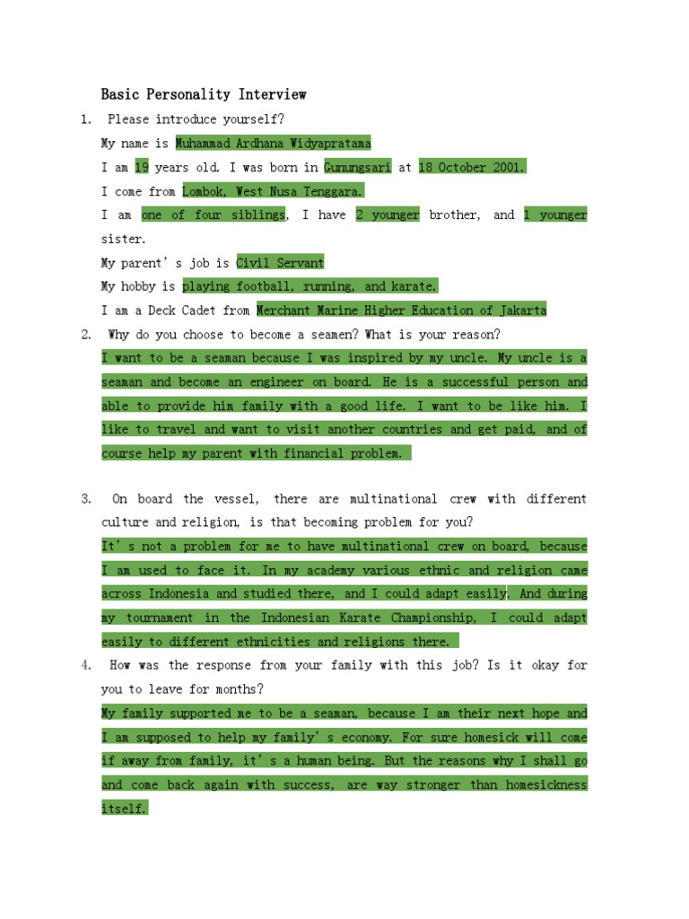 Basic Personality Interview | Download Free PDF | Water Transport ...