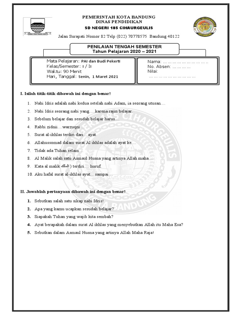 Soal PAI Kls 1 Revisi | PDF