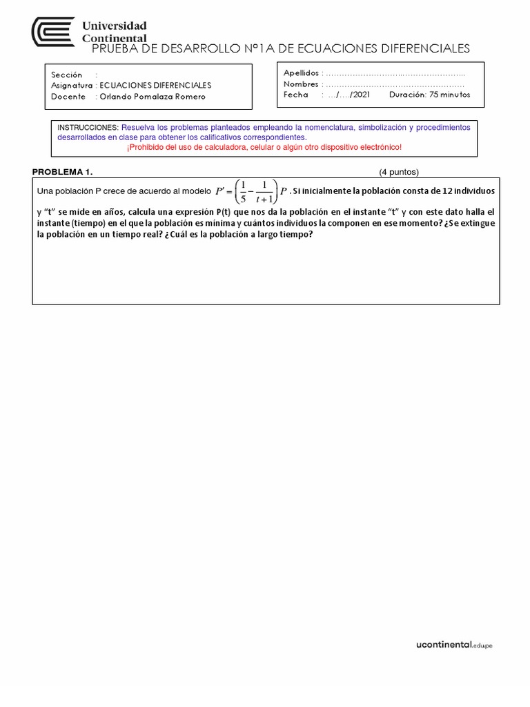Prueba de Desarrollo N°1A de Ecuaciones Diferenciales | PDF ...