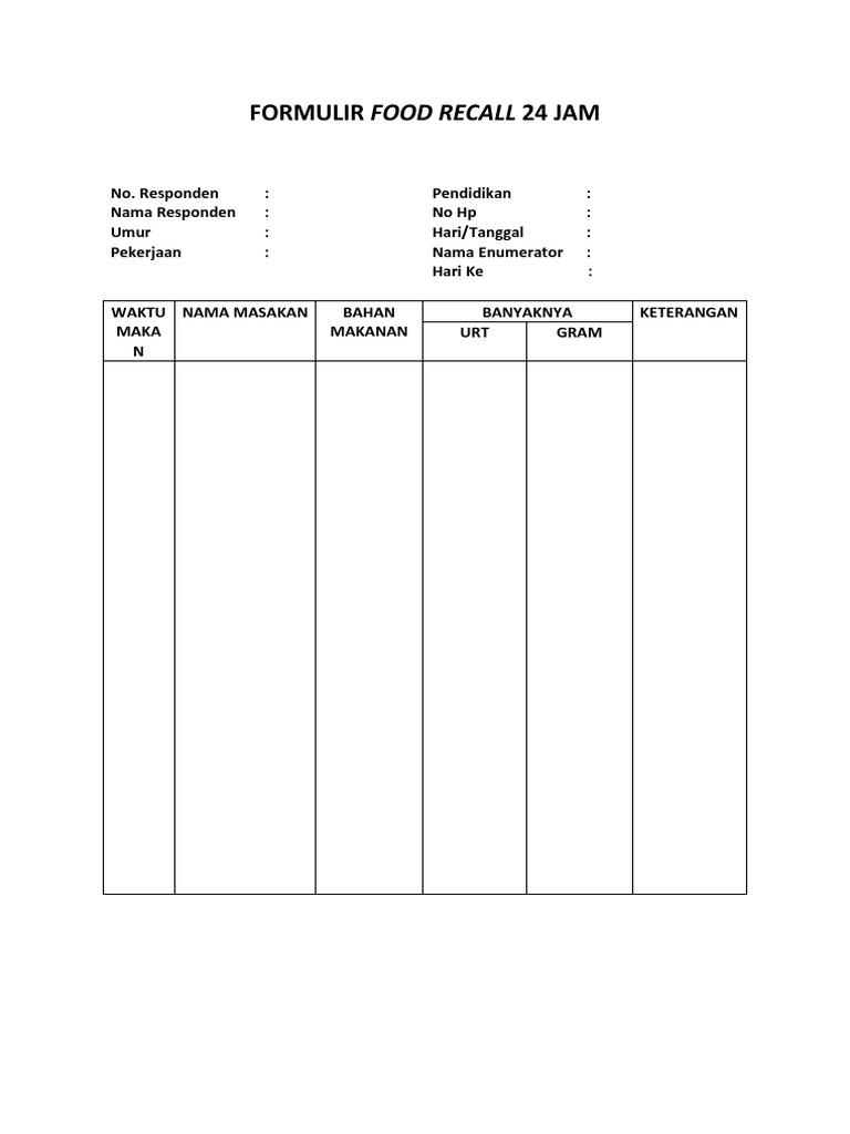 Formulir Food Recall 24 Jam | PDF