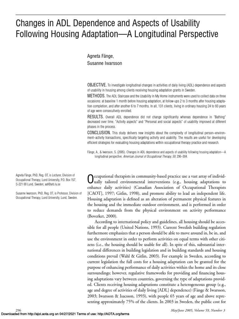 Changes in ADL Dependence and Aspects of Usability Following Housing ...