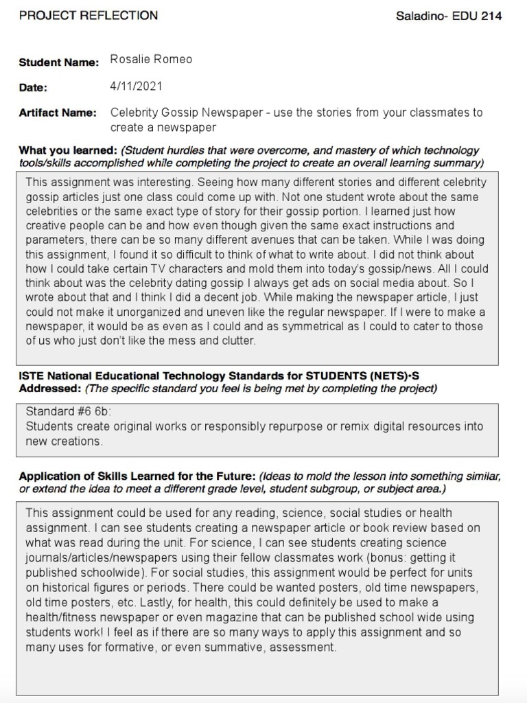 Edu 214 Celebrity Gossip Newspaper Reflection Template | PDF