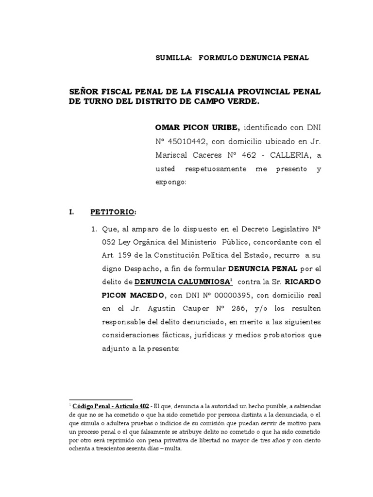 Denuncia Delito Denuncia Calumniosa | PDF | Justicia penal | Crimen y ... Denuncia Delito Denuncia Calumniosa | PDF | Justicia penal | Crimen y ...