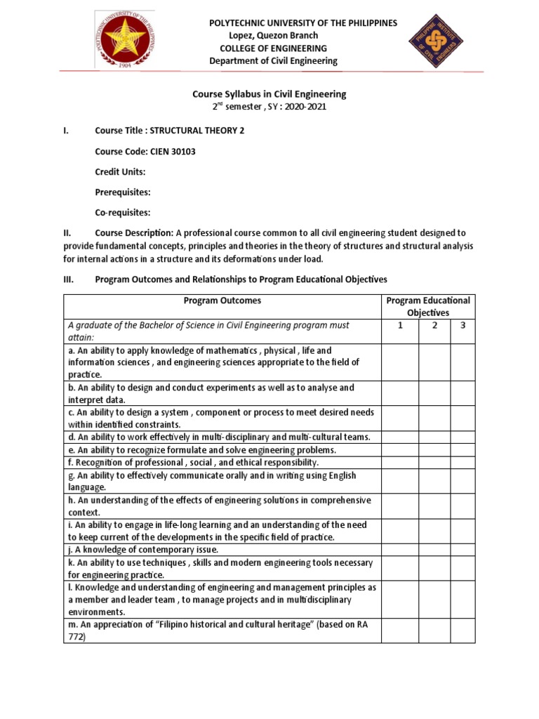 Syllabus Structural Theory 2 | Download Free PDF | Academic Dishonesty ...