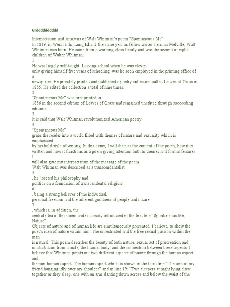 Walt Whitman's "Spontaneous Me" Analysis | PDF | Leaves Of Grass ...