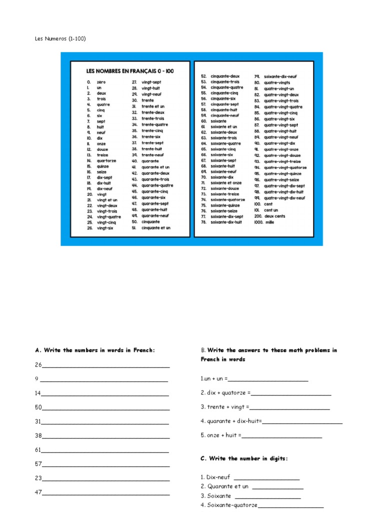 French Numbers Worksheet 1-100 | PDF