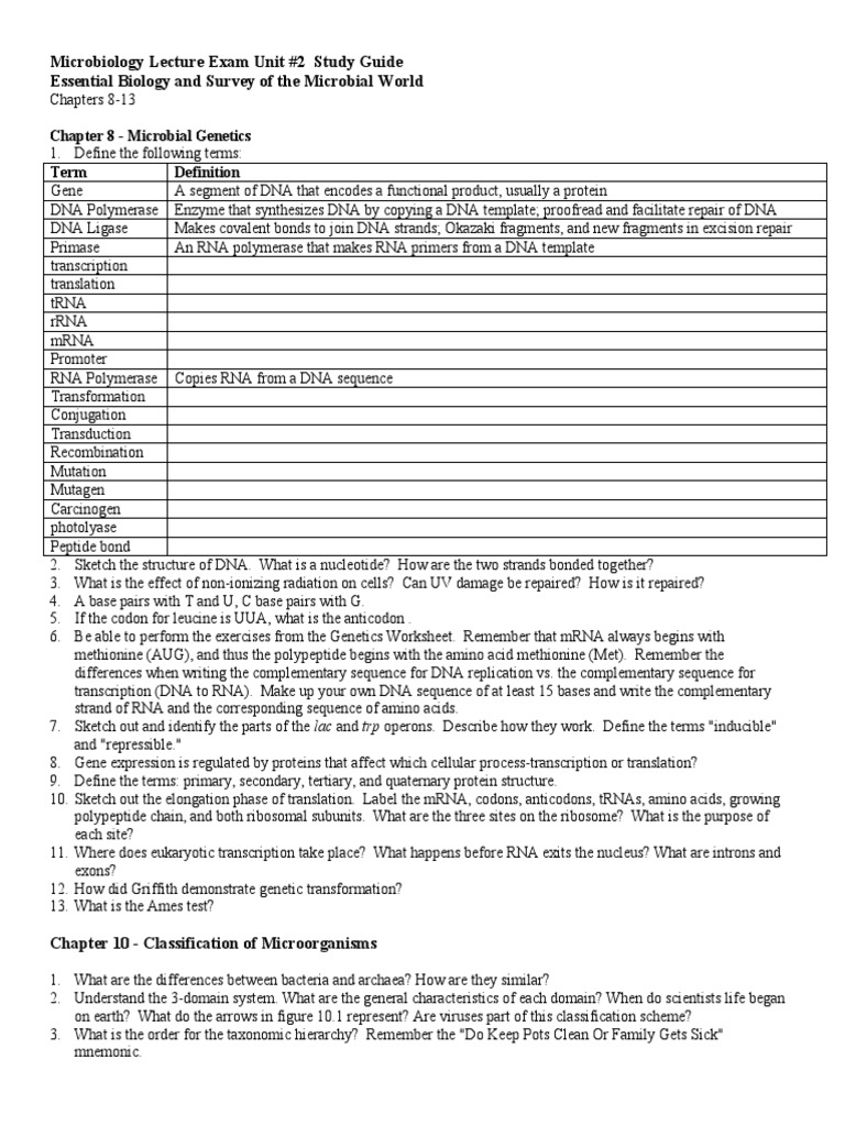 Microbiology Lecture Exam Unit #2 Study Guide Essential Biology and ...