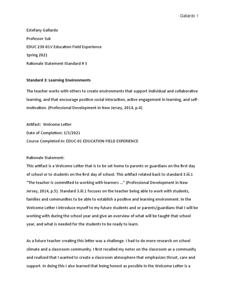 Rational Statement 1 For Welcome Letter | PDF | Teachers | Classroom