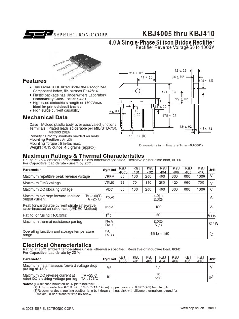 KBJ4005 Thru KBJ410: 4.0 A Single-Phase Silicon Bridge Rectifier | PDF ...