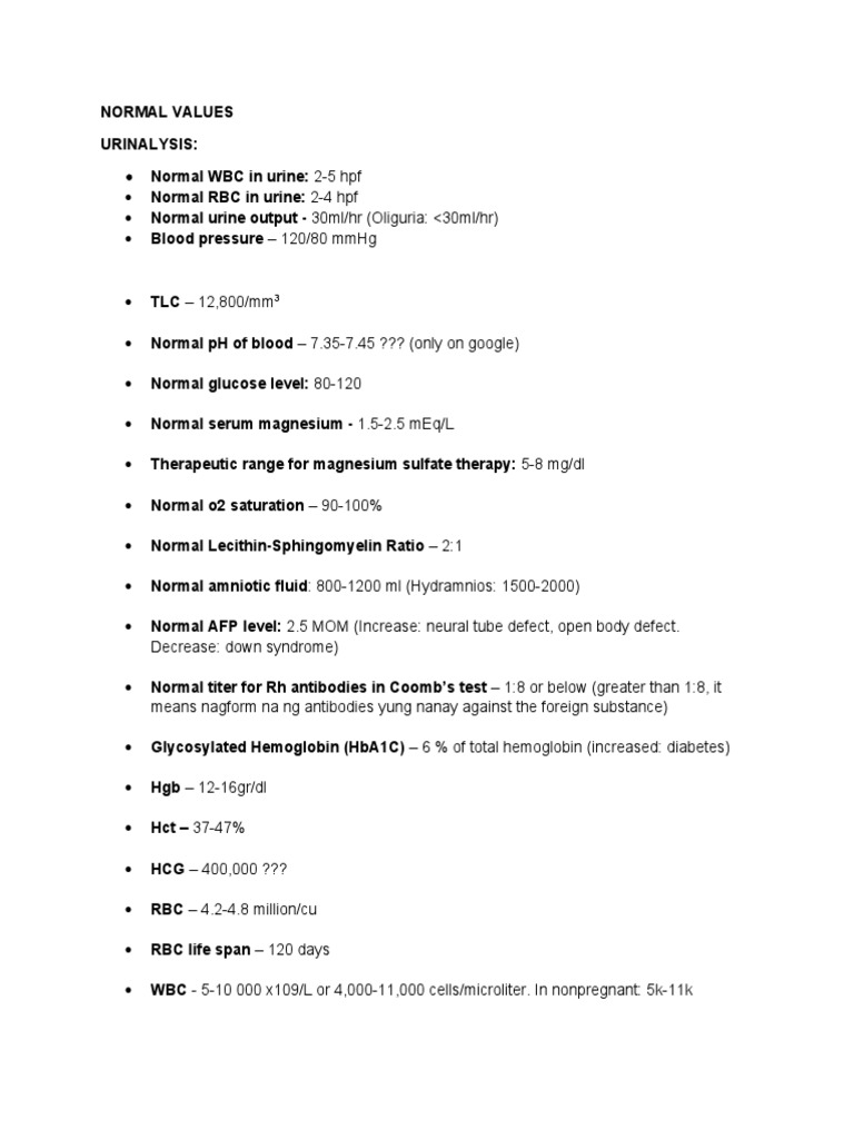 Normal Values Urinalysis | PDF | Physiology | Medical Specialties