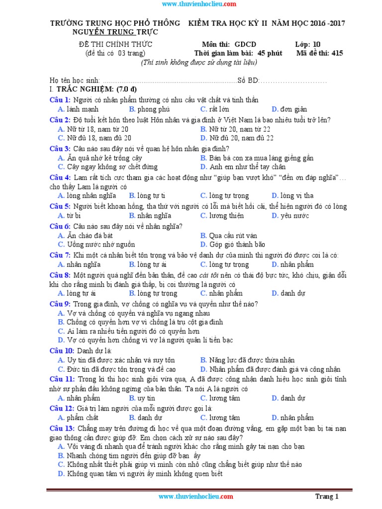 5 de Thi HK 2 GDCD 10 Co Dap An | PDF