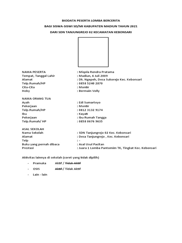 Biodata Peserta Lomba Bercerita 1 | PDF