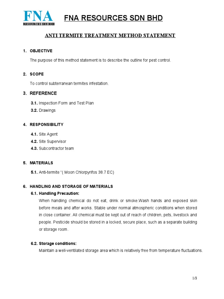 Fna Resources SDN BHD: Anti Termite Treatment Method Statement | PDF | Soil | Concrete