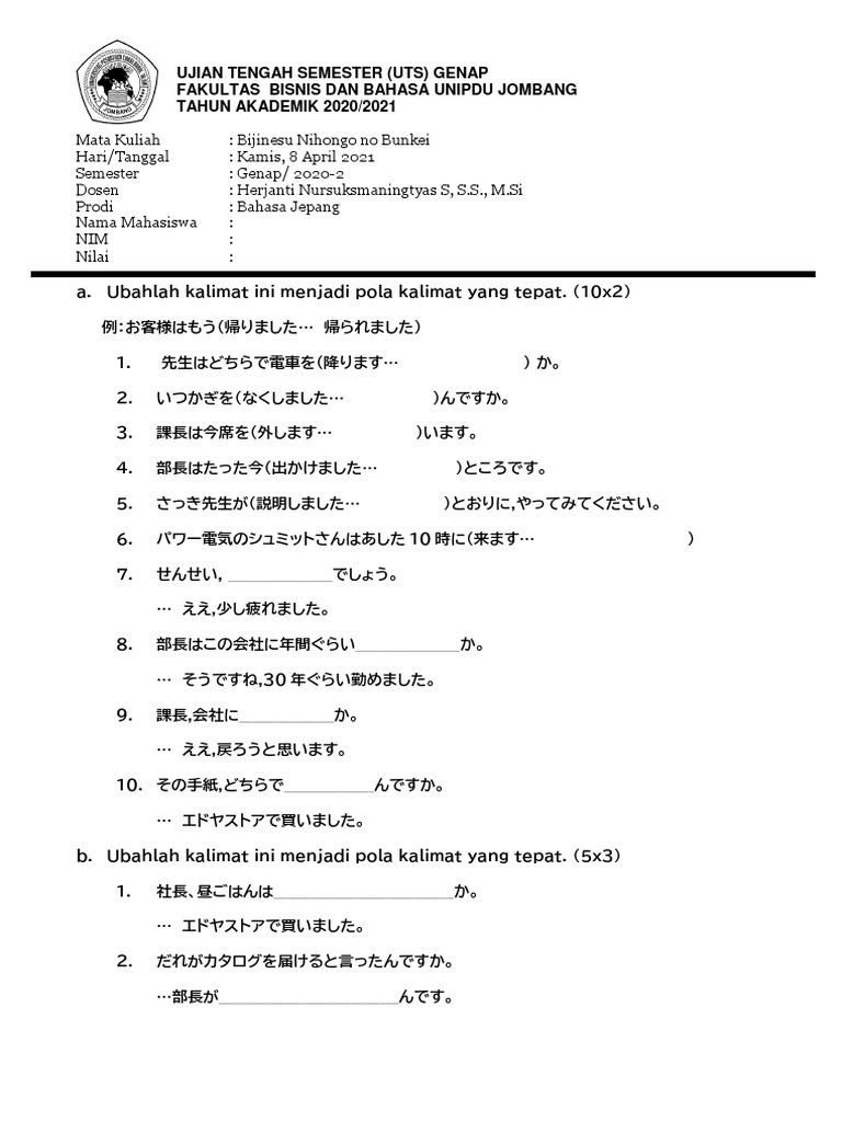 Bijinesu Nihongo - Uts | PDF