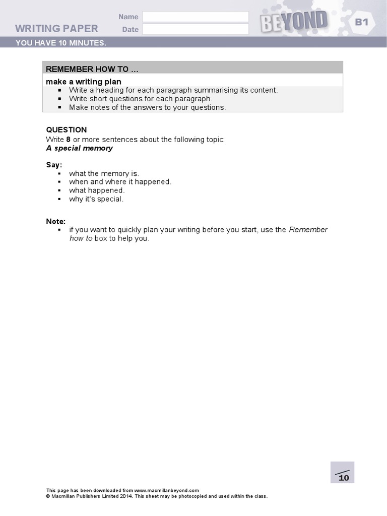 Bey B1 Unit1Test WritingPaper | PDF | Career & Growth