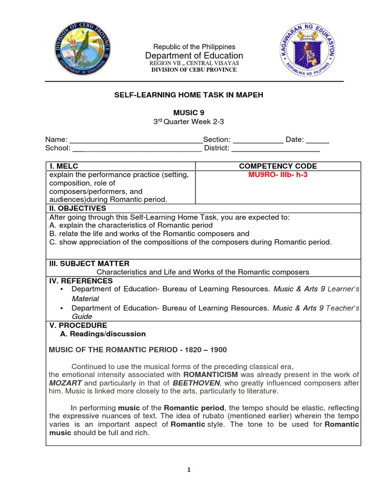 Department of Education: Self-Learning Home Task in Mapeh Music 9 | PDF ...