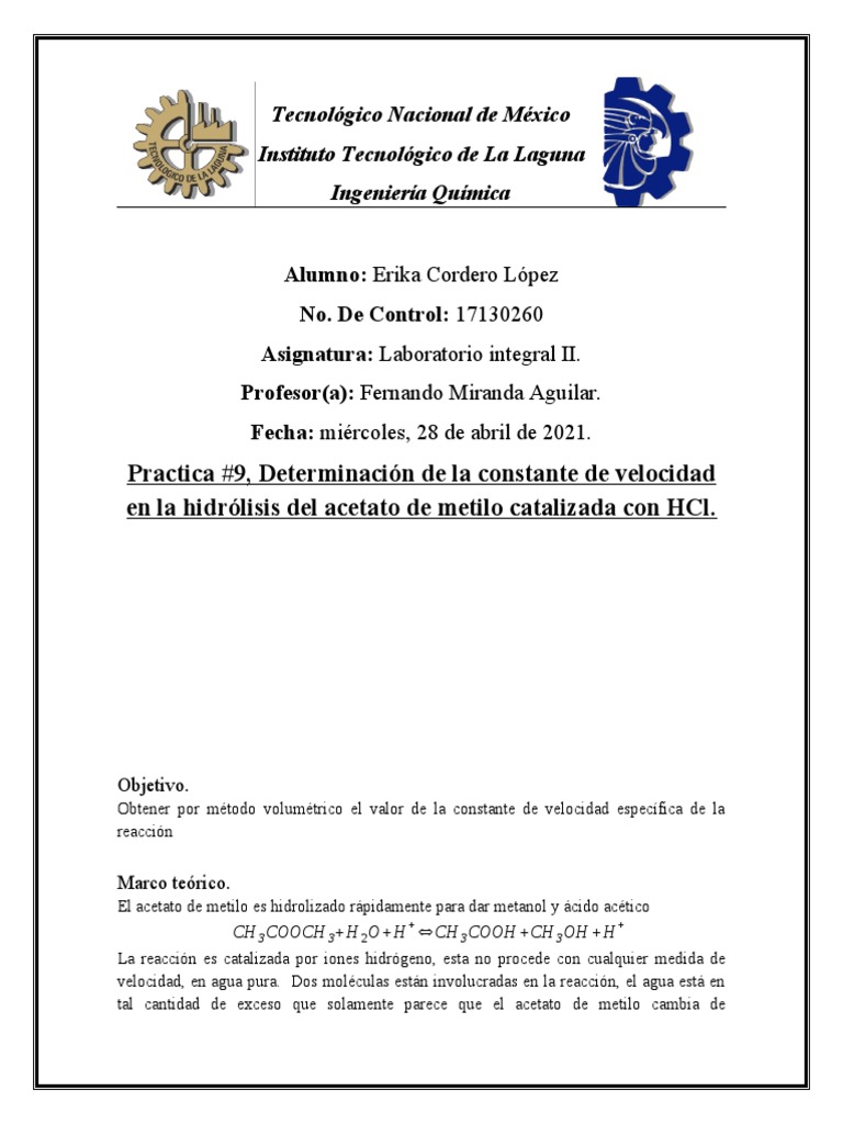 Practica #9, Determinación de La Constante de Velocidad en La Hidrólisis Del Acetato de Metilo ...