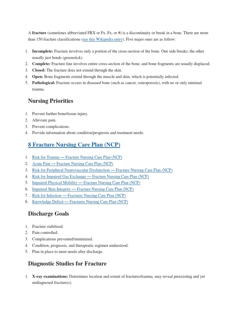 Nursing Priorities: 8 Fracture Nursing Care Plan (NCP) | PDF | Bone ...