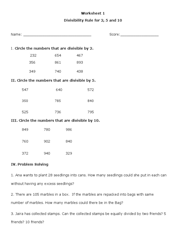 Worksheet 1 - Divisibility Rule For 2, 5 and 10 | PDF