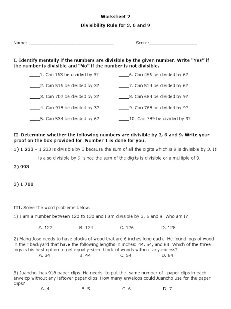 Divisibility Rules for 3, 6, and 9 Worksheet | PDF