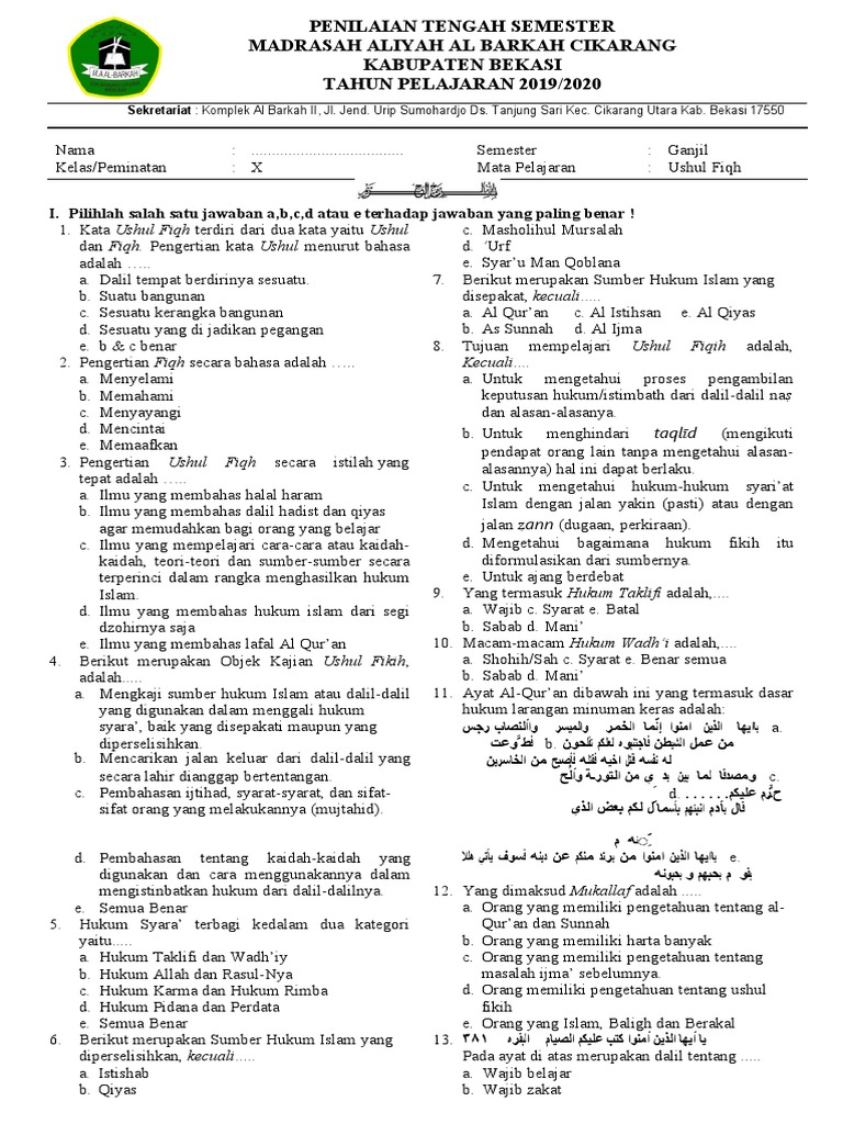 Soal Pts Dan Jawaban Ushul Fikih Kelas X Xi Dan Xii Fixdocx | PDF