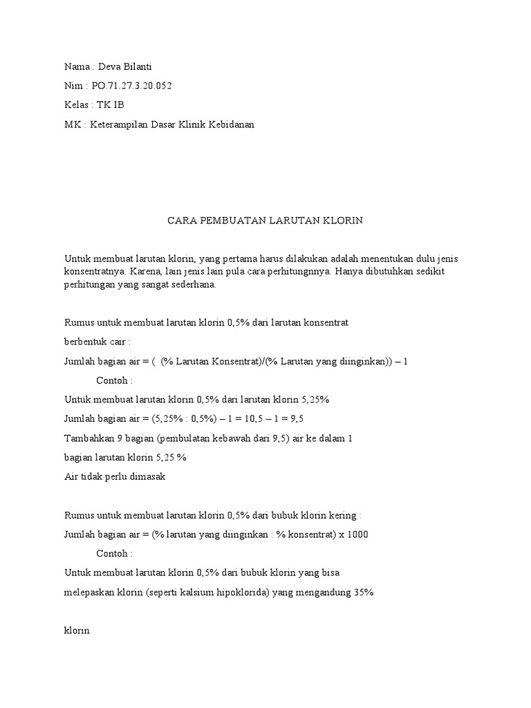Cara Membuat Larutan Klorin Dan Cara Mensterilisasikan (Deva Bilanti) | PDF