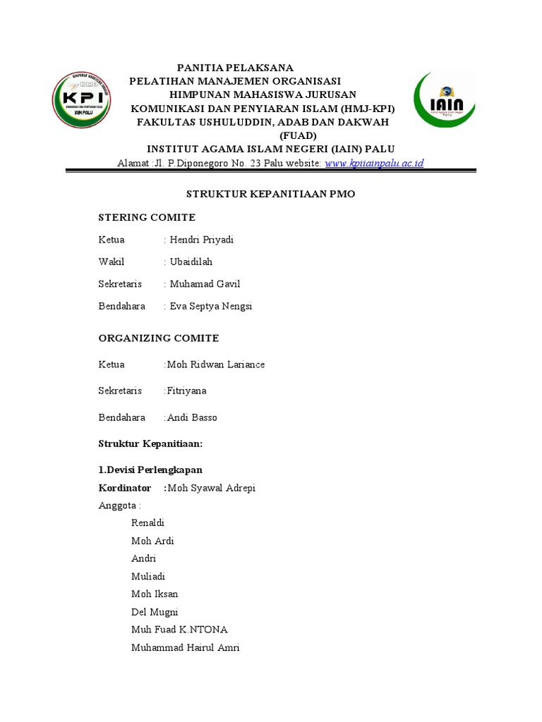 Struktur Organisasi Pelaksana Pelatihan Manajemen Organisasi HMJ-KPI FUAD IAIN Palu | PDF