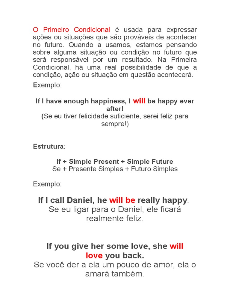 Revisão da estrutura condicional do Primeiro Condicional e exemplos de seu uso | PDF | Assunto ...