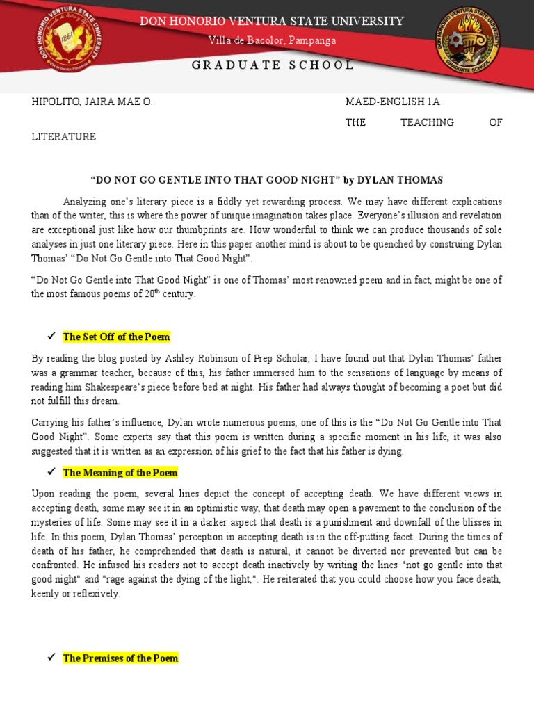 Graduate School: "Do Not Go Gentle Into That Good Night" by Dylan ...