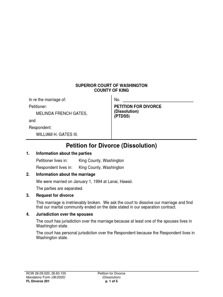 Bill and Melinda Gates Divorce: Petition For Dissolution | PDF ...