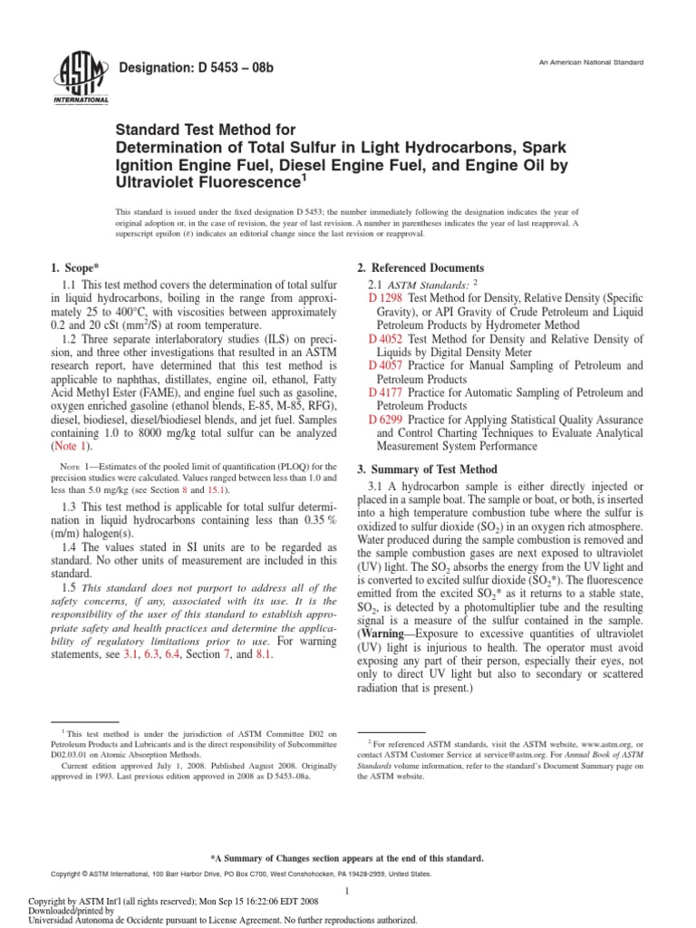 Contenido de Azufre ASTM D5453 | PDF | Sulfur Dioxide | Syringe