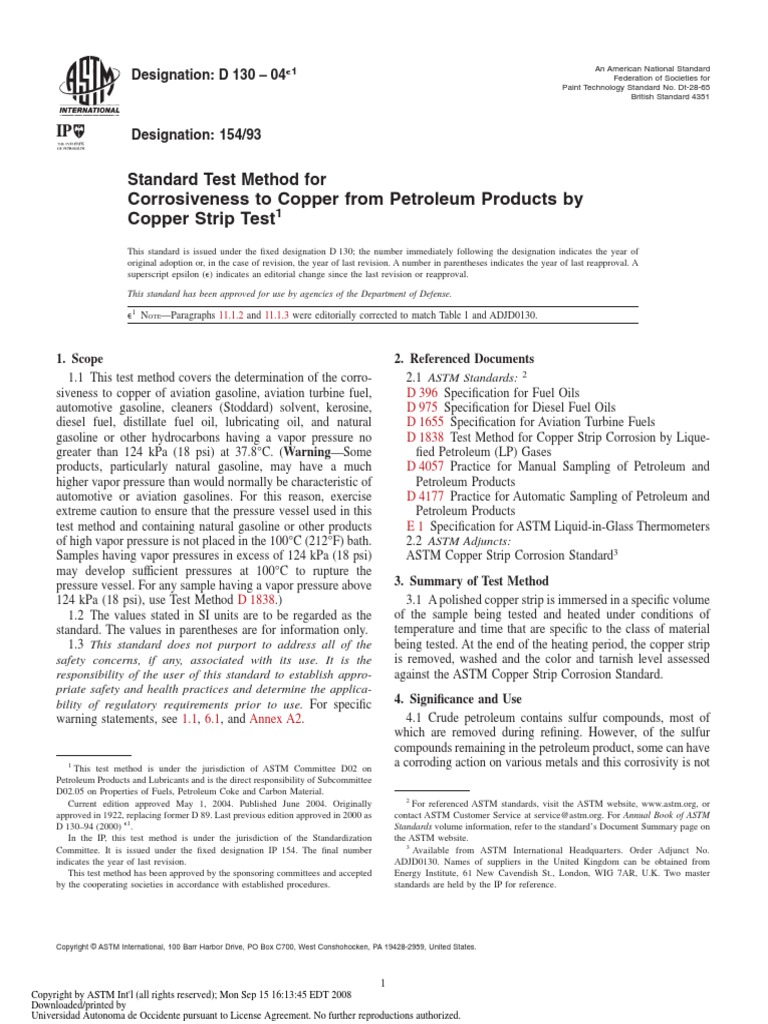 Corrosion en Lamina de Cobre ASTM D130 | PDF | Gasoline | Pipe (Fluid Conveyance)