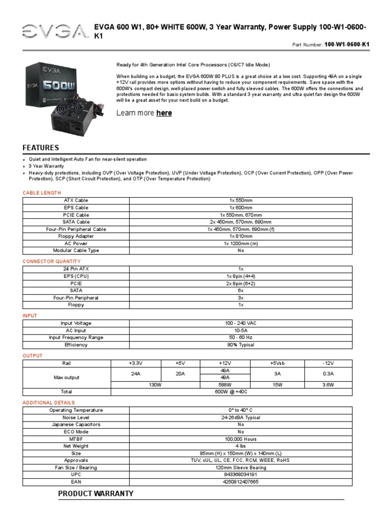 EVGA - Product Specs - EVGA 600 W1, 80+ WHITE 600W, 3 Year Warranty ...