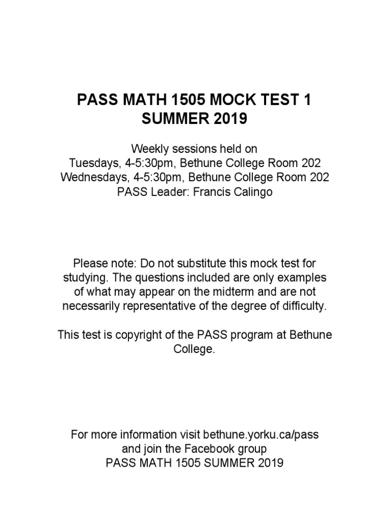 Pass Math 1505 Mock Test 1 (Summer 2019) | PDF | Sine | Triangle