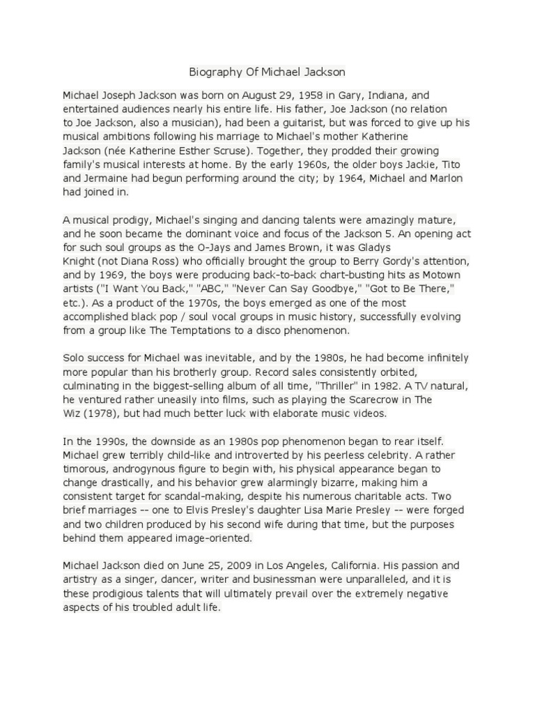 Biography of Michael Jackson | PDF | Michael Jackson | American Musicians